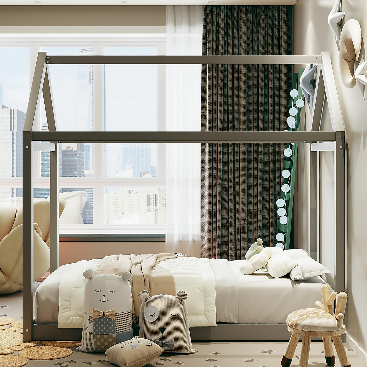 Merax Wood House Bed,Floor Bed with Wood Slats,No Box Spring Needed,Twin Size, Grey