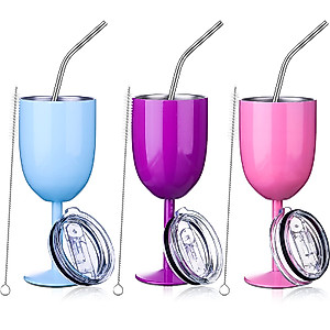 Geiserailie Stemmed Stainless Steel Wine Glasses with Lid Double Wall Insulated Wine Tumbler Unbreakable Goblets with Drinking Straw and Straw Brush, 10 oz(Black, White, Silver,3 Pieces)