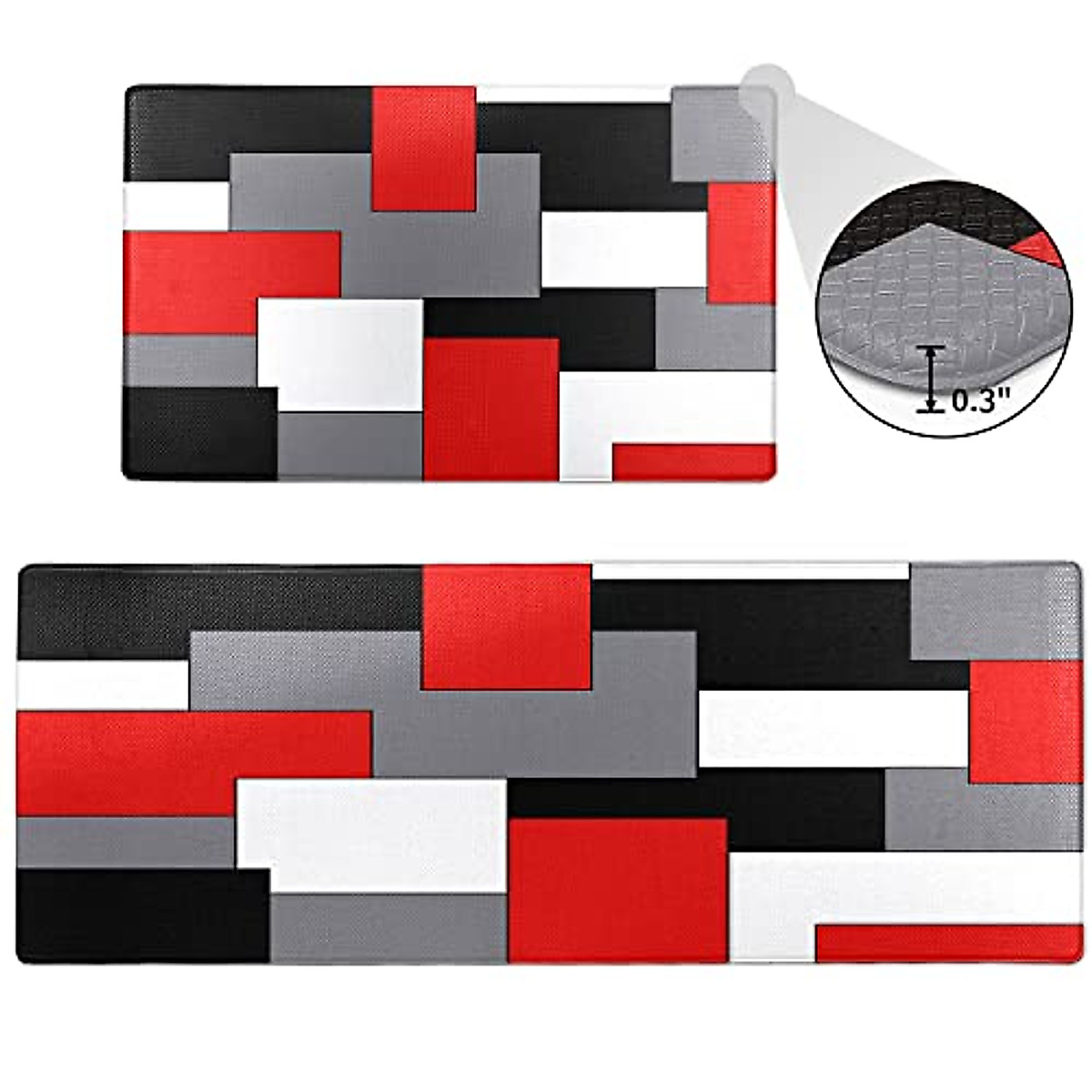 FNLNDO Red Black Grey White Kitchen Rugs and Mats Set of 2 Cushioned Anti Fatigue Kitchen Rugs Set Geometric Non-Skid Washable Kitchen Mats for Kitchen Sink Laundry