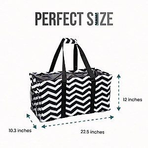 Lucazzi Extra Large Utility Tote Bag - Oversized Collapsible Reusable Wire Frame Rectangular Canvas Basket With Two Exterior Pockets For Beach, Pool, Laundry, Car Trunk, Storage - Chevron Black