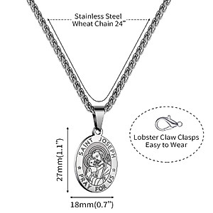 Zocomi Silver Saint St Joseph Medal Necklace for Men Boys, St. Joseph Pendant Chain Jewelry Catholic Christian Religious Baptism First Communion Confirmation Gifts Teenage Age Kids