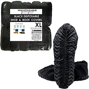 Innovative Haus 100 Pack Black Extra Large Disposable Boot & Shoe Covers. Indoor Use Durable Water Resistant Reusable Premium Booties with Non Slip Treads. Fits US Men's Size 14 & Women's 16 Shoe Size
