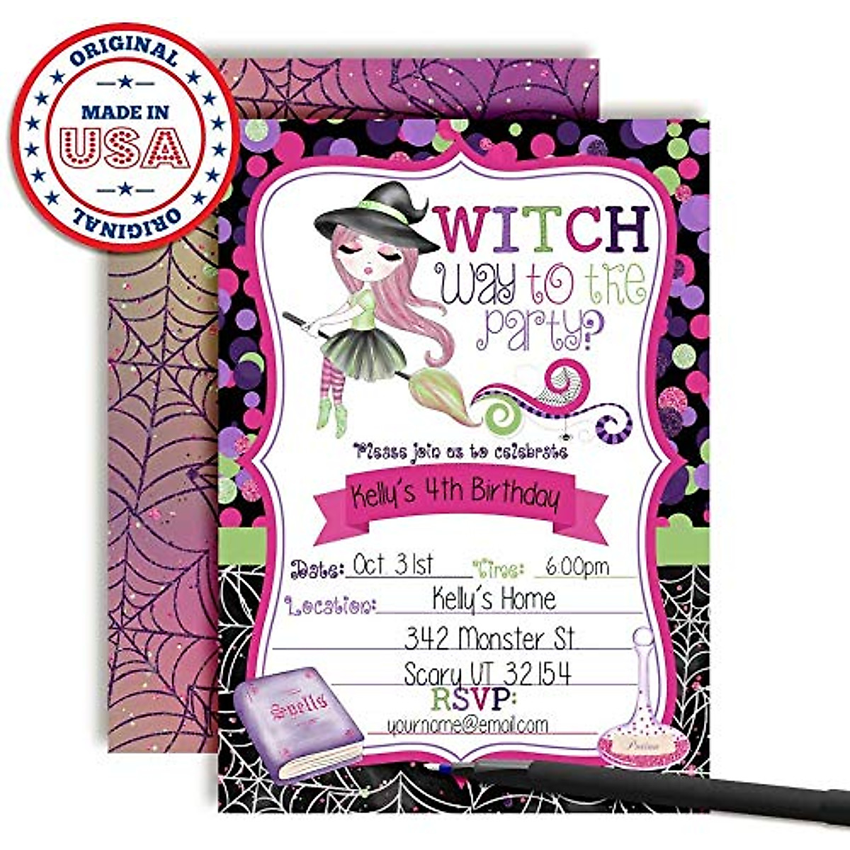 Fancy Halloween Witch Halloween Birthday Party Invitations, 20 5x7 Fill In Cards with Twenty White Envelopes by AmandaCreation