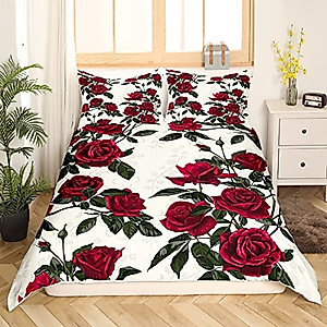 Roses Girls Duvet Cover Set Twin Size,Flowers Leaves Plants Natural Bedding Set,Kids Woman Adults Room Decor,Floral Botanical Rustic Farmhouse Comforter Cover,Red Romantic Quilt Cover,1 Pillowcase