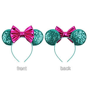 YanJie Mouse Ears Headbands, Glitter Party Mermaid Hot Pink Metallic Bow Favor Decoration Cosplay Costume for Girls Party (Green/Hot Pink)