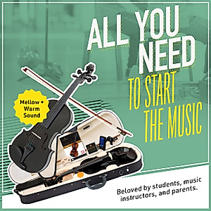 Mendini By Cecilio Violin For Kids & Adults - 4/4 MV Metallic Black Violins, Student or Beginners Kit w/Case, Bow, Extra Strings, Tuner, Lesson Book - Stringed Musical Instruments (Renewed)