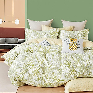 LEMIROE 100% Cotton Duvet Cover Queen Size,Botanical Design with Green Tropical Leaves on White,Beige Reversible Bed Sets 3Pcs,Button Closure