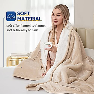 SEALY Electric Blanket Queen Size, Flannel & Sherpa Heated Blanket with 10 Heat Setting & 1-12 Hour Auto Shut Off, Fast Heating Blanket, Machine Washable, Beige, 84 x 90 Inch
