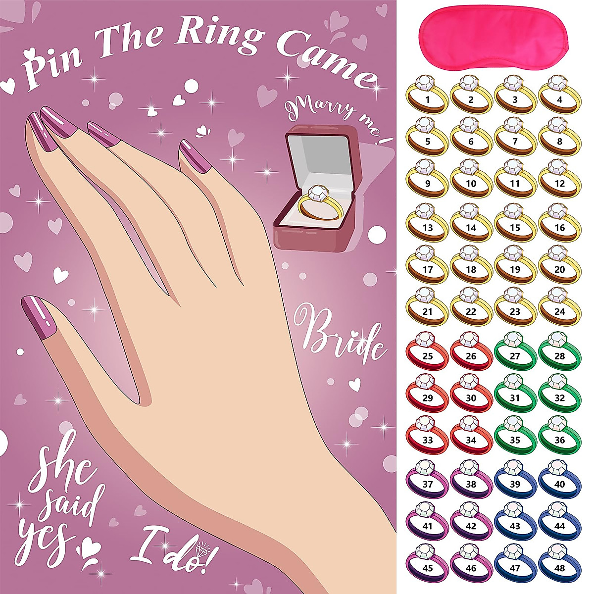 Hxezoc Pin The Ring On The Bride Game with 48 Pcs Rings, Large Bridal Party Games Poster for Bachelorette Party, Bridal Shower, Wedding Party, Birthday Party, Carnival Party Supplies