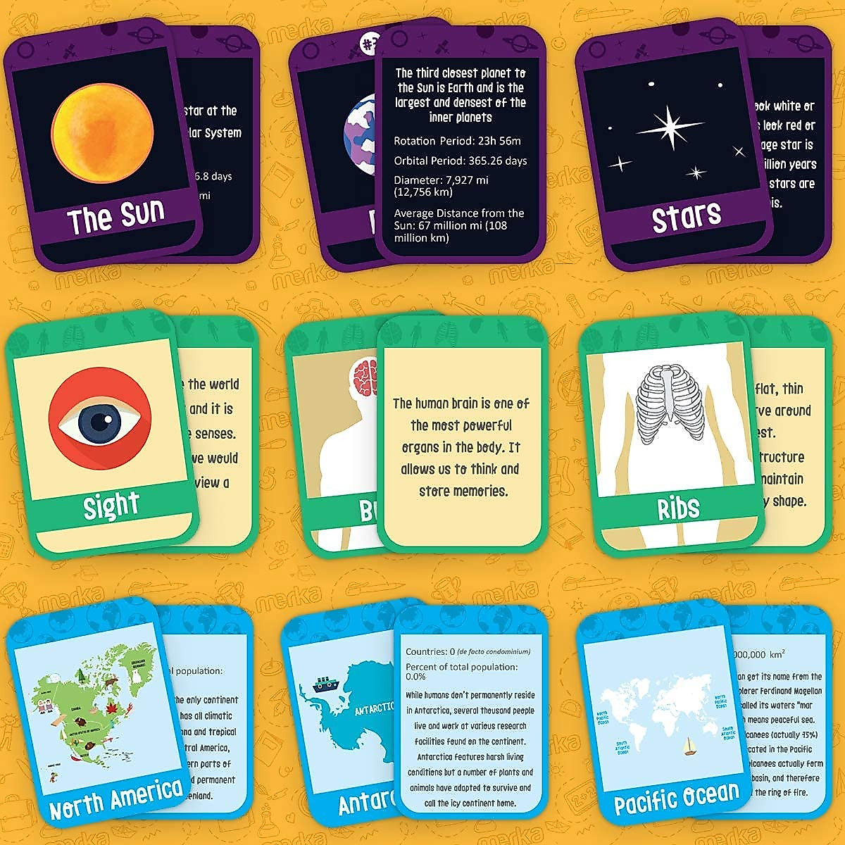 merka Educational Flashcards Bundle: Letters, Numbers, Shapes & Colors Deck (58 Cards) and Explorer Deck (90 Cards) – Learning Toys/Games – Ages Toddler through Teen – Homeschool or Classroom Use