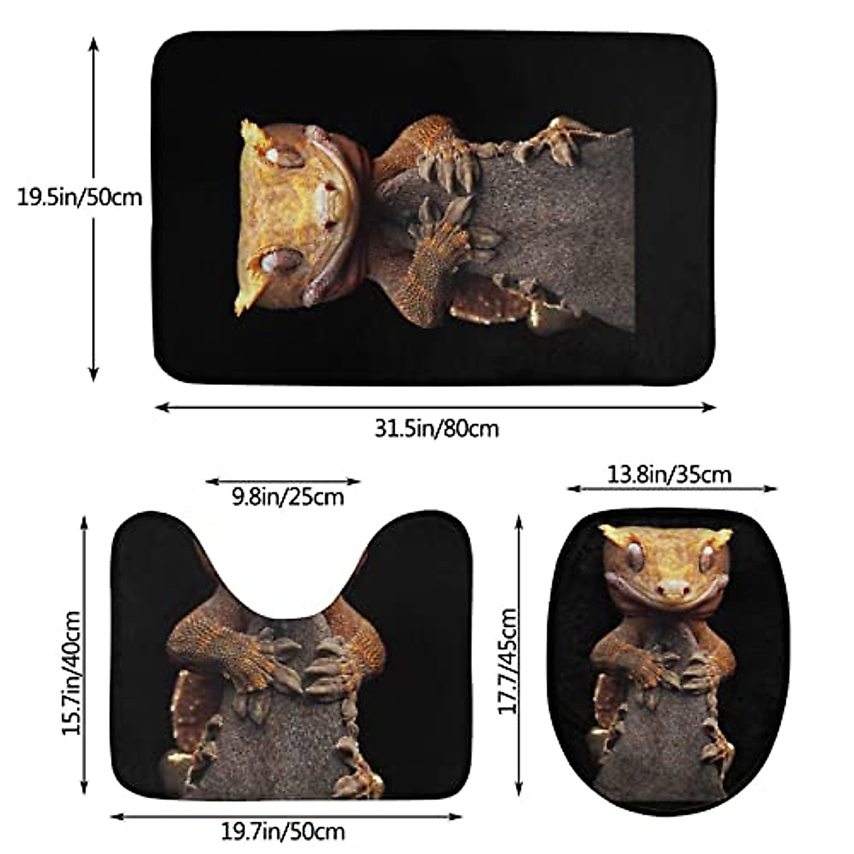 Aniaml Gecko Lizard Bathroom Carpet Floor Mat 3-Piece Set, Washable Bathroom Floor Mat/U-Shaped Toilet Mat/O-Shaped Toilet Lid Cover, with Solid Rubber Backing