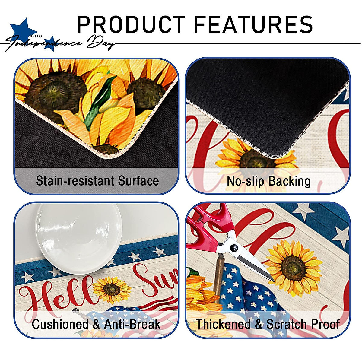 Tailus 4th of July Patriotic Fall Decorative Kitchen Rugs Set of 2, Sunflowers American Flag Mason Jar Autumn Kitchen Mat, USA Memorial Day Mat Hello Summer Home Decorations 17x29 and 17x47 Inch