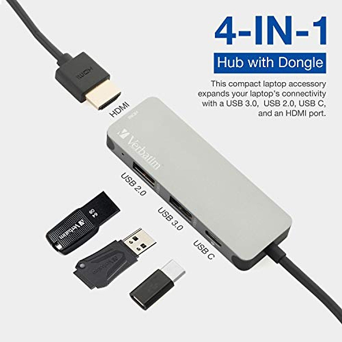 Verbatim 4-in-1 USB C Hub Adapter with Dongle - 60W Power Delivery, USB 3.0, USB 2.0 for USB C Laptops + 6FT Monster 4K Ultra HDMI Cable