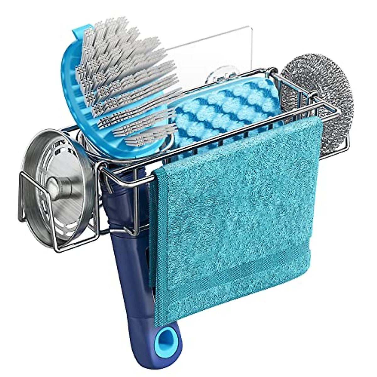 SWTYMIKI 5 in 1 Sink Sponge Holder for Kitchen, Stainless Steel Sink Caddy with Dishcloth Holder for Brush & Sponge in Kitchen Sink Sponge Organizer with 2 Strong Adhesives in Black