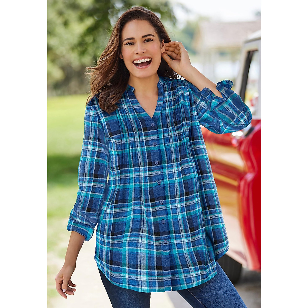 Woman Within Women's Plus Size Pintucked Flannel Shirt - 2X, Vivid Red Buffalo Plaid