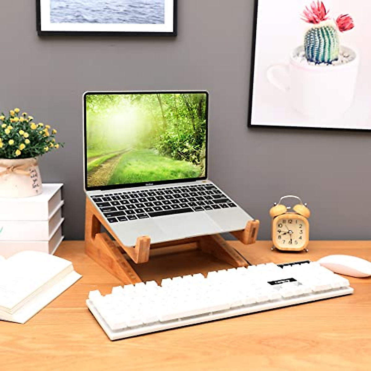 SINORHEMA Wooden Laptop Stand for Desktop, Wooden Vertical Laptop Stand for Mackbook Air Stand, Bamboo MacBook Dock Stand, Wood Computer Stand for Laptop 11-17inch