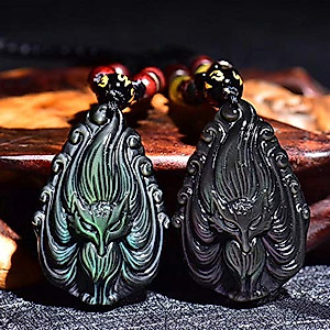 Crystal Obsidian nine tail fox gumiho necklace pendant with bead chain for wen or women (rainbow obsidian)