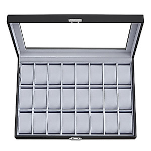 SONGMICS Watch Box, 24-Slot Watch Case, Lockable Watch Storage Box with Glass Lid, Gift Idea, Ink Black Synthetic Leather, Gray Lining UJWB024