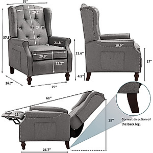OQQOEE Wingback Recliner Chair Fabric Push Back Accent Chairs Diamond Tufted Reclining Armchair with Adjustable Backrest and Thicken Padded Cushions for Living Room, Bedroom (Fabric, Dark Grey)