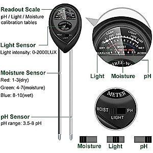 CHICIRIS 3 in 1 Function Soil Tester, Soil pH Meter Plant PH Moisture Meter Soil Moisture/pH/Light Tester for Gardening Tool Kits for Garden, Farm, Lawn, Indoor & Outdoor