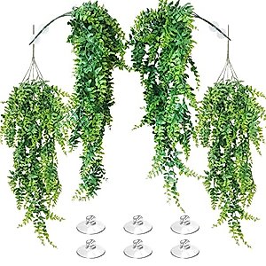 Allazone 4 Pack Reptile Plants Hanging Fake Vines, Artificial Leaves Climbing Terrarium Plant with Suction Cup for Bearded Dragons Lizards Geckos Snake Pets Hermit Crab and Tank Habitat Decorations