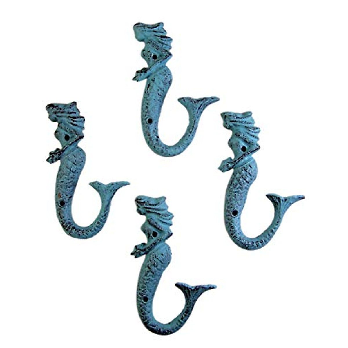 Aqua Blue Cast Iron Mermaid Wall Hook 5 3/4 Inch (Set of 4)