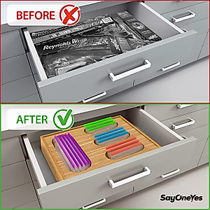 Sayoneyes Ziplock Bag Organizer for Drawer - Premium Bamboo Plastic Bag Storage Organizer for Kitchen – Compatible with Ziploc, Glad, Hefty, Solimo for Gallon, Quart, Sandwich & Variety Size Bags