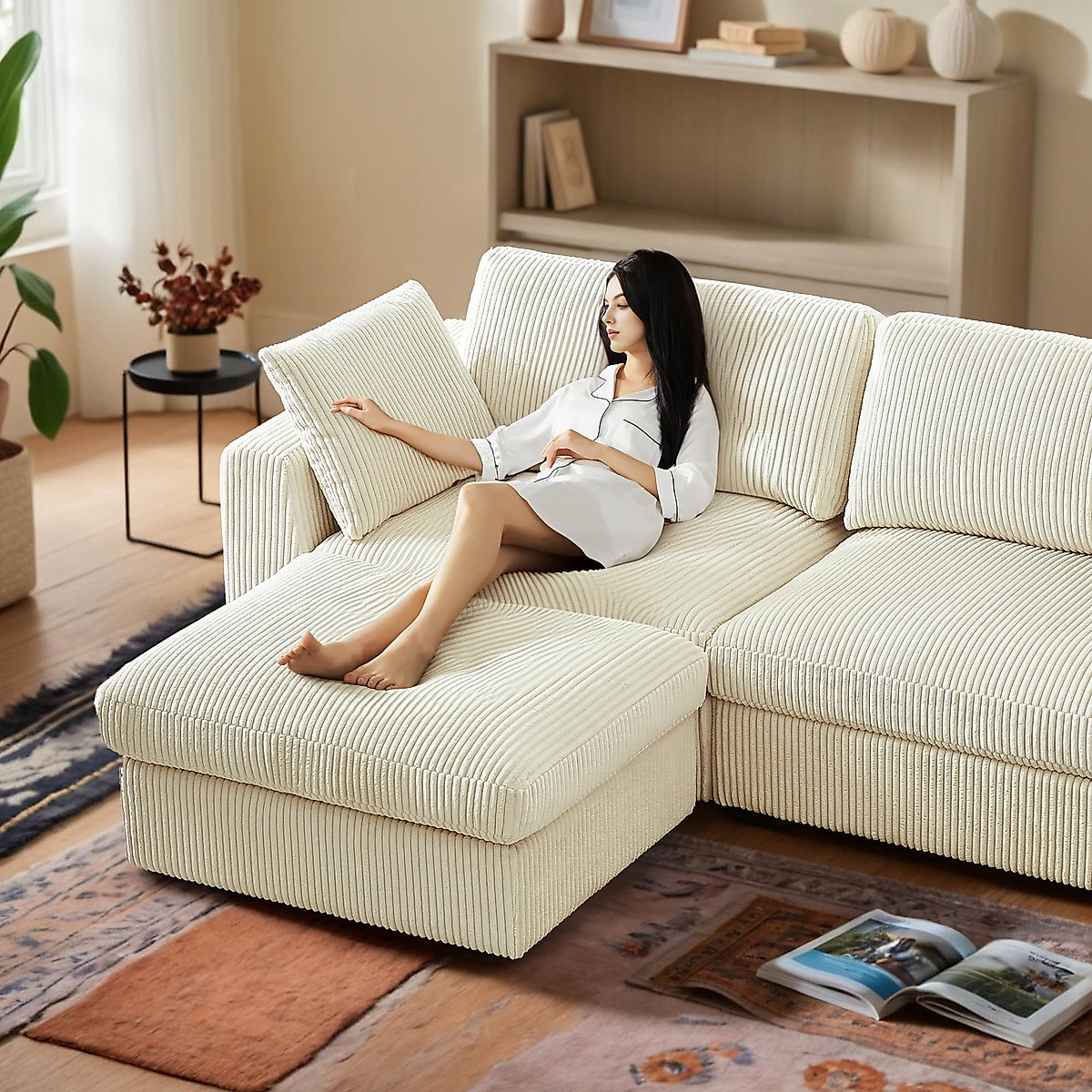 130" Oversized Sectional Sofa,Ultra-Soft L Shaped Couch for Living Room,Cloud Modular Sofa Couch with Zipper Back&Seat Cushion,Deep 4 Seat Sofa Sleeper with Movable Ottoman and Two Pillows(Beige)