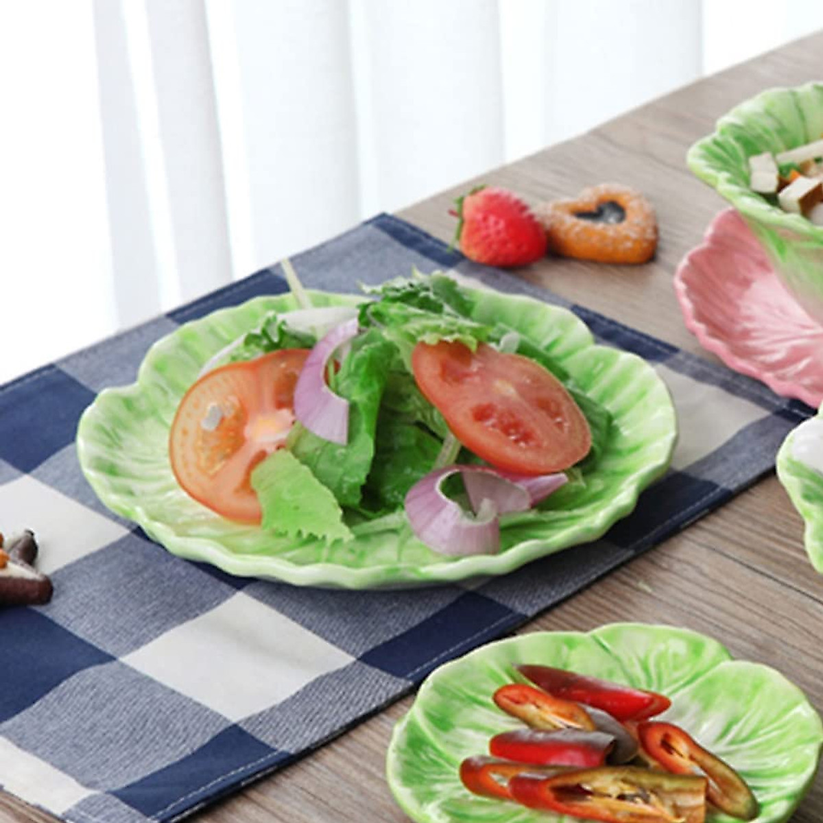 GANAZONO 1 Set Ceramic Cabbage Bowl with Plate Fruit Salad Bowl Cartoon Dinner Plate Soup Bowls Easter Food Snack Container for Kitchen Green Ramen Bowl