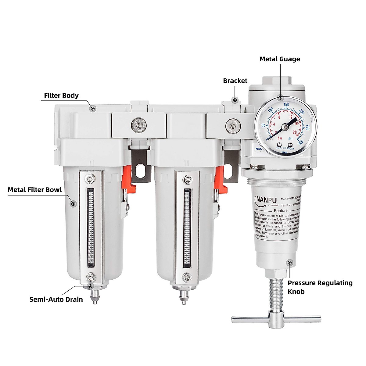 NANPU 1/2" NPT T-Handle High Pressure Air Drying System - Double 5 Micron Particulate Filter & Air Pressure Regulator Piston Combo, Semi-Auto Drain＆Gauge