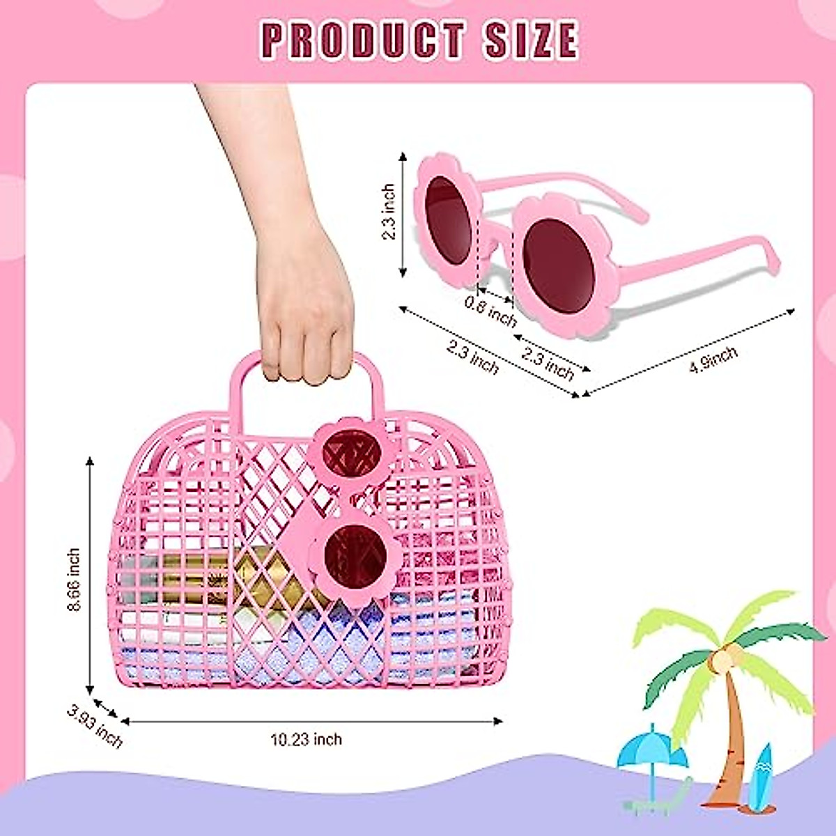 iSpralo Jelly Bag - Girls Jelly Purse Jelly Tote Girls Beach Bag with Flower Sunglasses, Retro Jelly Basket for Easter, Halloween, Bridal (Pink)