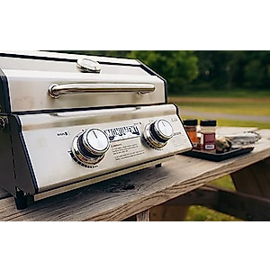 Portable Propane Gas Grill 2-Burner Tabletop Clearview Monument Grills for Outdoor Camping Cooking, Two 15,000 BTU Burners, Stainless Steel, and Built-in Thermometer