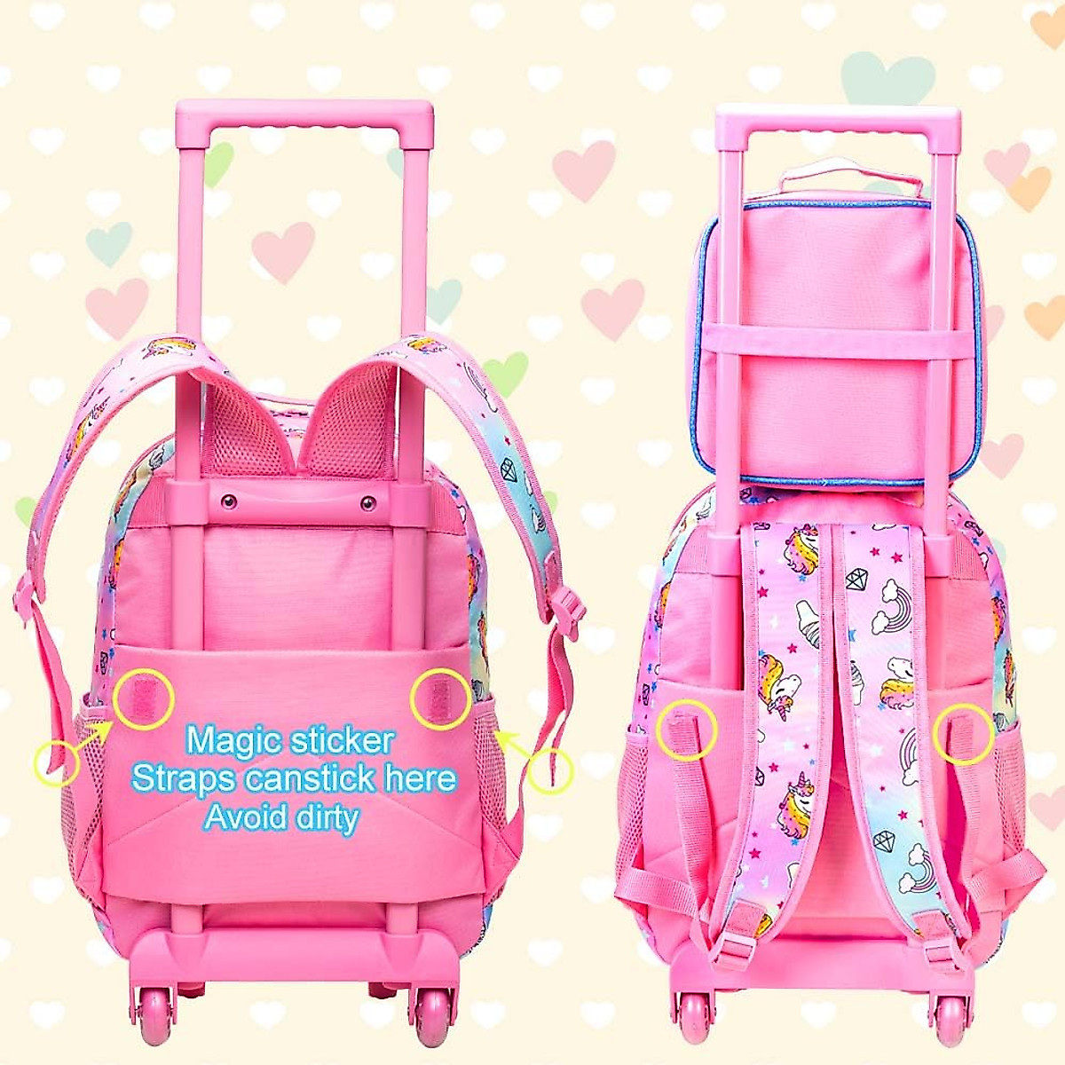 AGSDON 3PCS Rolling Backpack for Girls, Kids Roller Wheels Bookbag, Wheeled School Bag with Lunch Bag - Unicorn