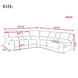 FREESNOOZE Manual Reclining Sectional Sofa Recliner Sofa with Cup Holders and 2 Storage Consoles for Living Room Furniture(PU Grey)