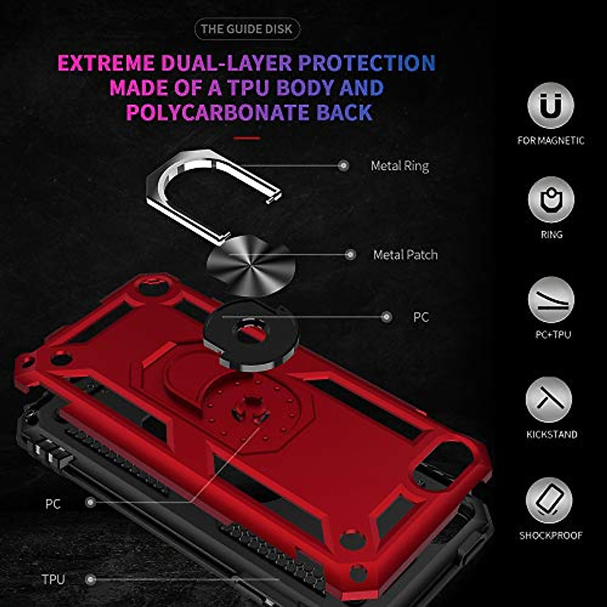 ULAK Compatible with iPod Touch 7 Case/iPod Touch 6 Case with 2 HD Screen Protectors, Hybrid Rugged Shockproof Cover with Built-in Kickstand for iPod Touch 7th/6th/5th Generation (Red)