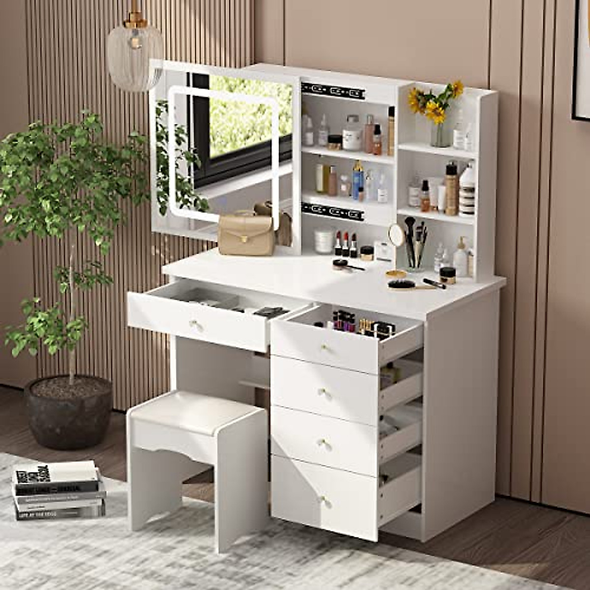 AIEGLE Large Vanity Desk Set with Sliding Lighted Mirror, Makeup Dressing Table with Hidden Shelves & Cushioned Stool, White - Sliding Lighted Mirror
