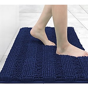 Grandaily Chenille Striped Bathroom Rugs 30x20, Extra Thick and Absorbent Bath Rugs, Non-Slip Soft Plush Shaggy Bath Carpet, Machine Wash Dry, Bath Mats for Bathroom, Navy