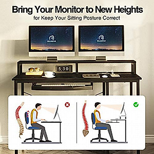 Rolanstar Computer Desk with Power Outlet and Monitor Stand Shelf, 47” Home Office PC Desk with Keyboard Tray and USB Ports Charging Station, Desktop Table, Stable Metal Frame Workstation, Black