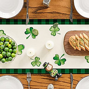 Artoid Mode Buffalo Plaid Gnomes Green Heart Shamrock St. Patrick's Day Table Runner, Seasonal Spring Holiday Kitchen Dining Table Decoration for Indoor Outdoor Home Party Decor 13 x 72 Inch