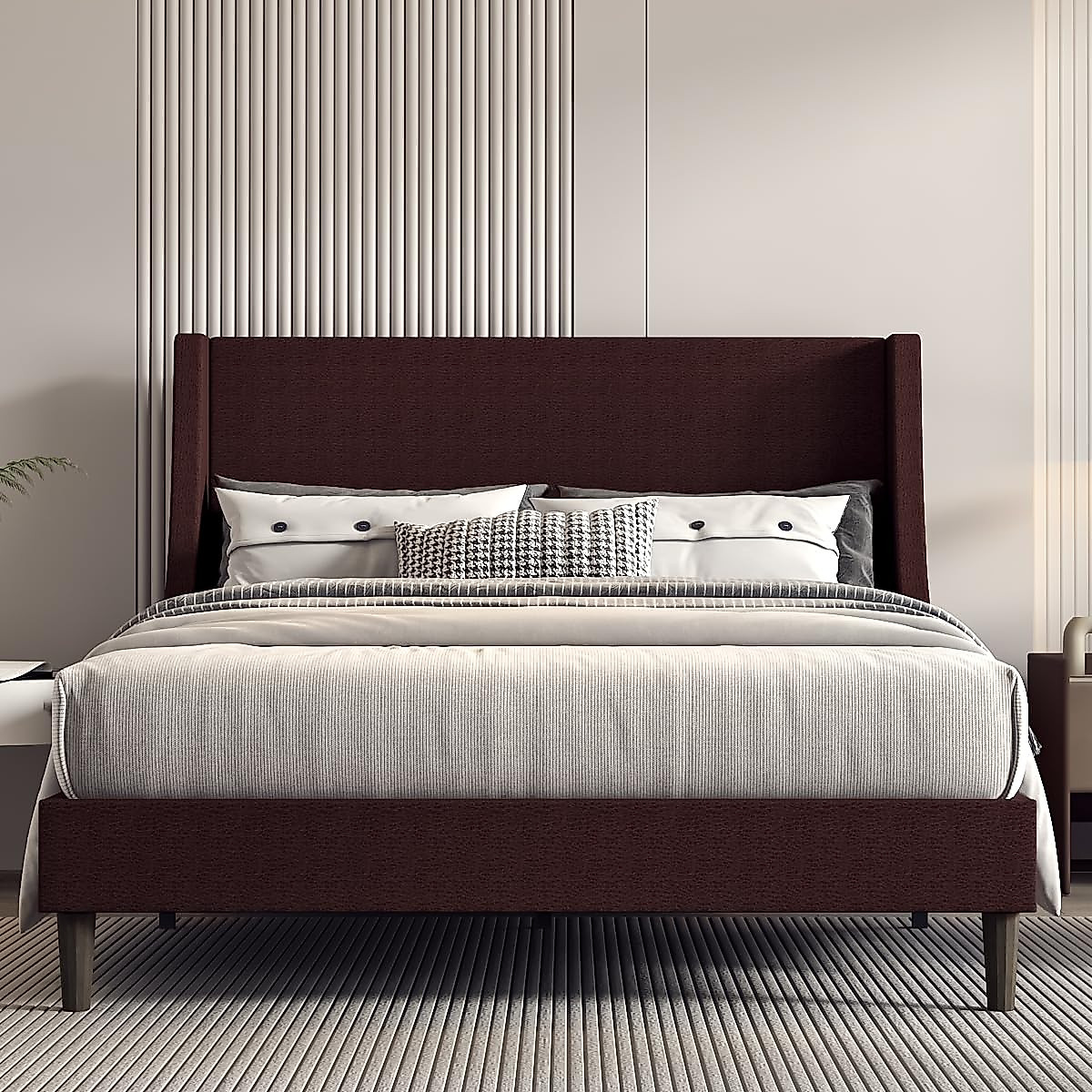 Akeacubo Bed Frame with Button Tufted Headboard,Faux Leather Upholstered Mattress Foundation,Platform Bed Frame,Wooden Slat Support,No Box Spring Needed,Easy Assembly (05, Queen)