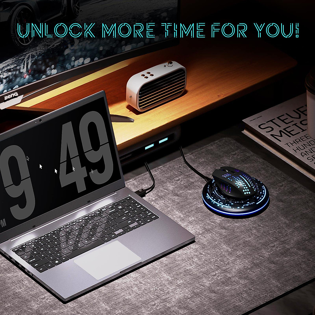 BNING Mouse Mover Device, RGB Breathing Light Mouse Jiggler Undetectable Mouse Shaker Simulator for Computer Laptop Awakening, Include USB C to USB Adapter & Charger (Black Magic Wheel)