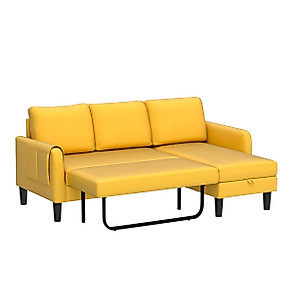 Modern Velvet Pull Out Sleeper Sofa Bed with Chaise, Comfy L Shaped Convertible Sleeper Couch with Storage and Pocket, Sectional 3 Seat Couch for Living Room Furniture or Office, Smooth Back - Yellow