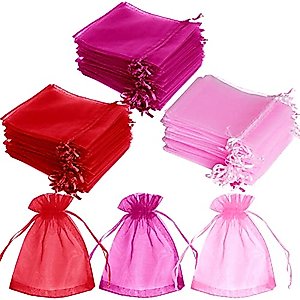 choyaxo 150PCS Organza Bags Satin Drawstring Halloween Christmas Valentine's Day Candy Jewelry Bags for Wedding Party Birthday 3.54x4.33inch/ 9x11cm (red-rose red-pink)