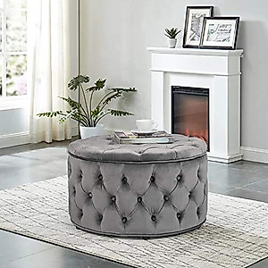 Homebeez Round Velvet Storage Ottoman, Button Tufted Footrest Stool Coffee Table for Living Room (Grey)