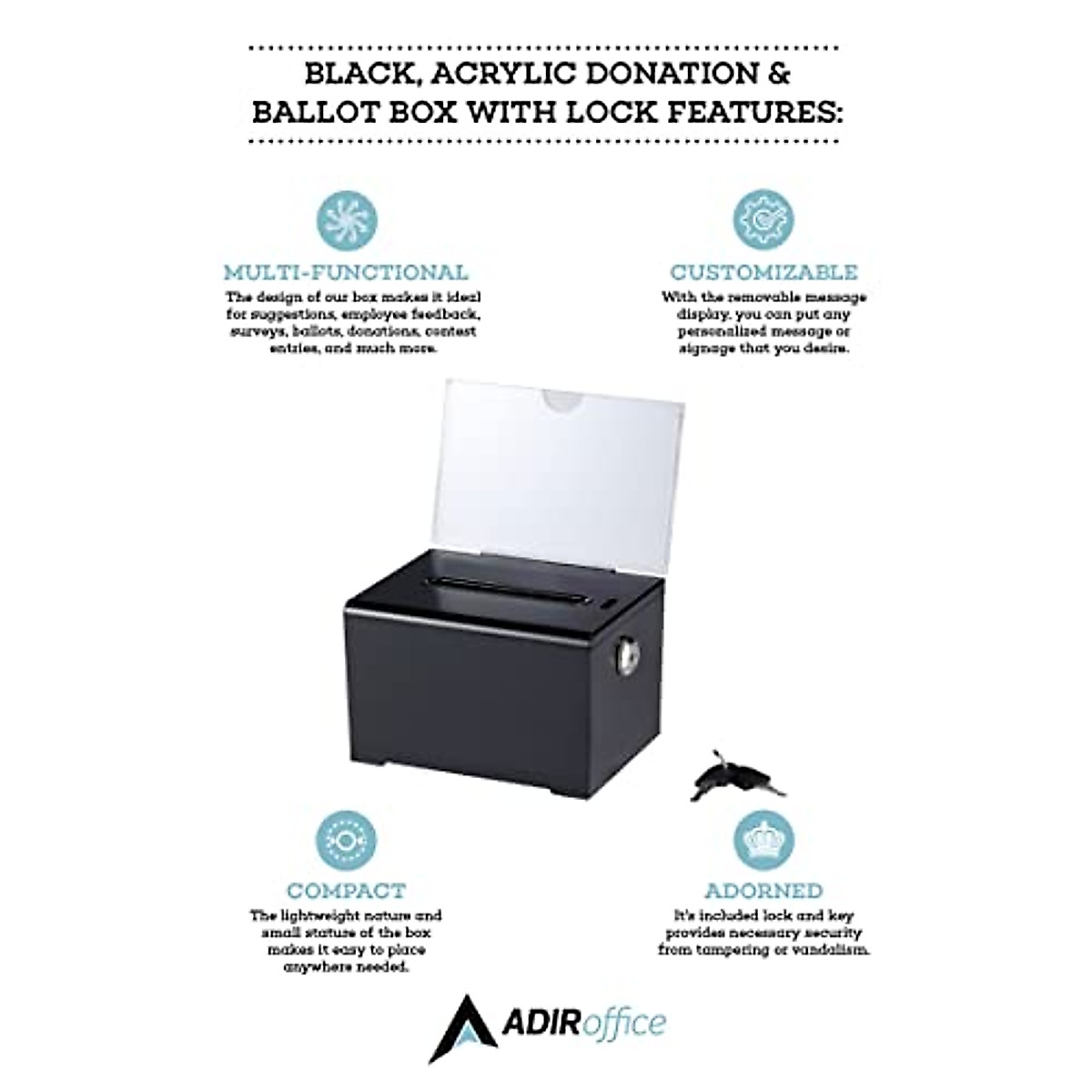 Adir Acrylic Donation Ballot Box with Lock - Secure and Safe Suggestion Box Great for Business Cards (6.25" x 4.5" x 4") Black