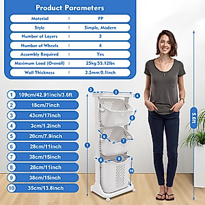 Xlsdlvcnxz Laundry Hamper with 3 Layers Shelf,Rolling Laundry Basket with 4 Wheels,Laundry Basket Organizer,3 Basket Laundry Hamper for Bathrooms Bedrooms(White)