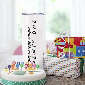 21st Birthday Gifts For Her 21st Birthday Decorations For Her 20 OZ White Skinny Wine Tumbler Turn 21 Travel Cup With Lid Straw Happy 21 Year Old Bday Presents For 2003 Born Women Girls Female