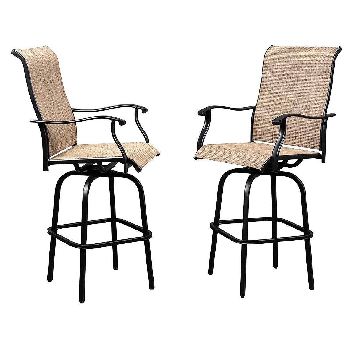 VINGLI 2 Pieces Outdoor Swivel Bar Stools, Patio Metal Bar Chairs Set of 2, All-Weather Bar Height Outdoor Chairs for Outside, Yard, Lawn, Poolside and Garden (2 Chairs, Brown)