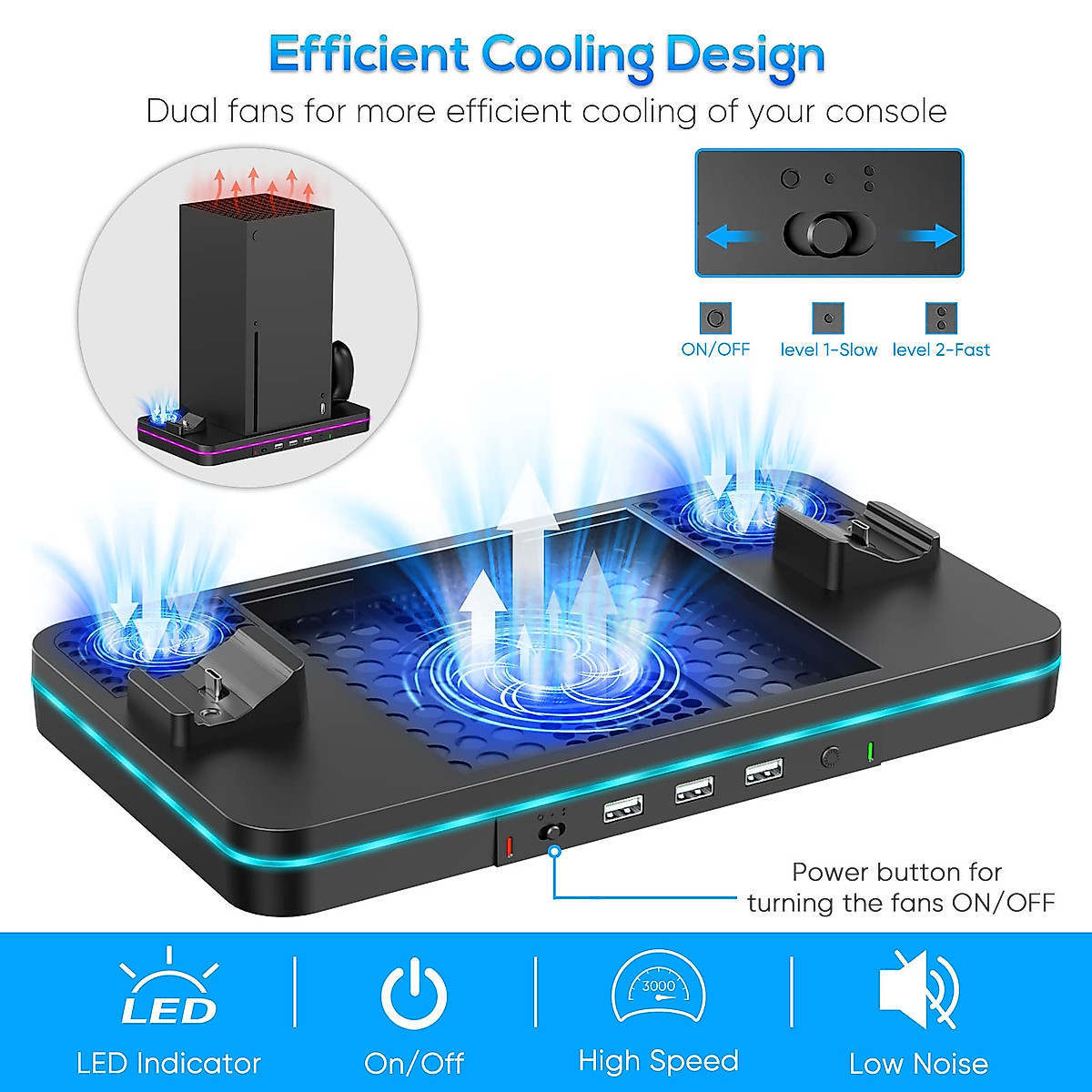 Vertical Cooling Stand for Xbox Series X/S, Dual Controller Charging Station for Xbox Series X/S with Cooling Fan 3 Hub USB Ports
