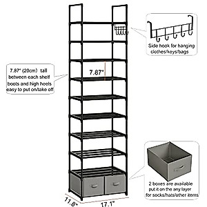 OYREL Sturdy Metal Shoe Rack Organizer,Narrow Shoe Racks for Closets, Shoe Stand,Shoe Shelf (10 Tier with 2 Boxes and 1 Hook)